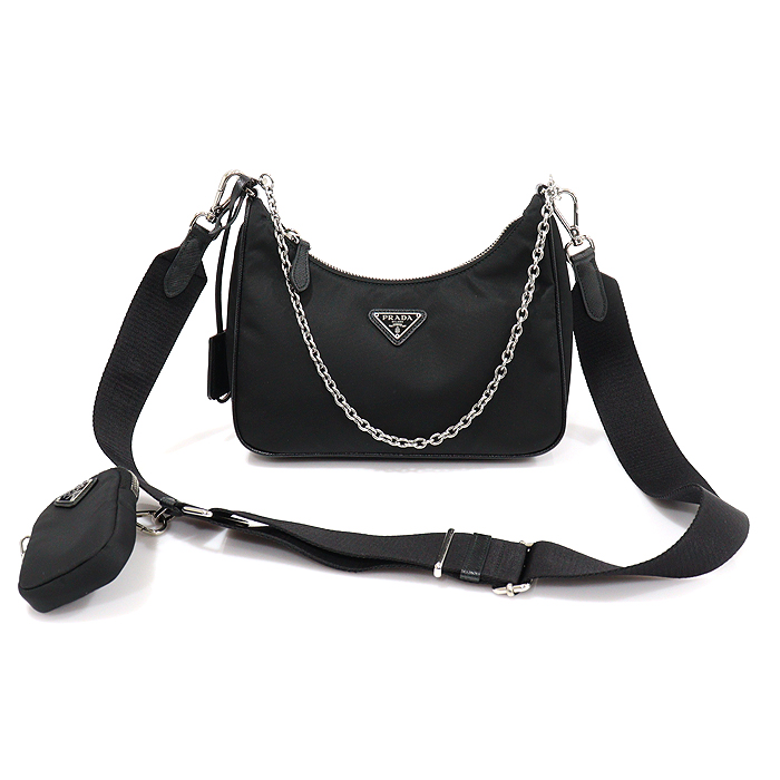 중고명품매입 미스터문 - Prada(프라다) 1BH204 블랙 리에디션 사피아노 가죽 트리밍 은장 리나일론 호보 2WAY