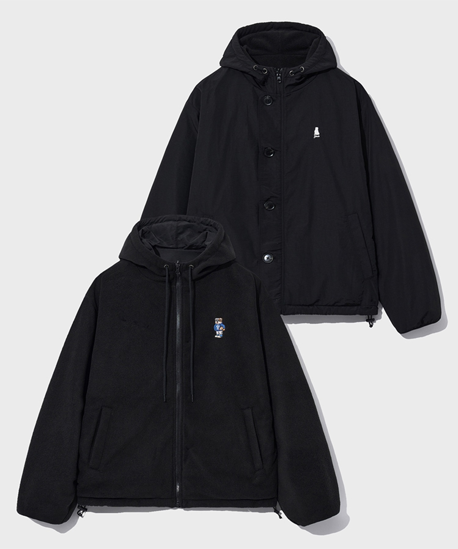 REVERSIBLE NYLON FLEECE 2WAY HOODIE JACKET BLACK - PHYPS HOME REVERSIBLE NYLON FLEECE 2WAY HOODIE JACKET BLACK - PHYPS HOME