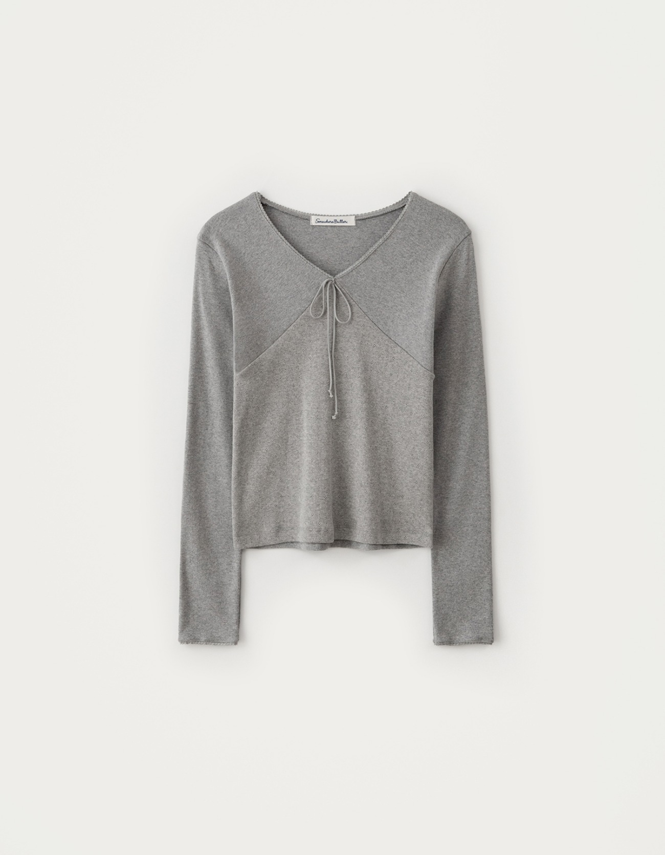 V-Neck Ribbon Top - Grey - SOMEWHERE BUTTER.